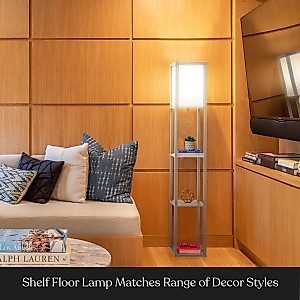 Brightech Maxwell - Modern Shelf Floor Lamp with Lamp Shade and LED Bulb - Coner Display Floor Lamps with Shelves for Living Room, Bedroom and Office - Rustic Wood