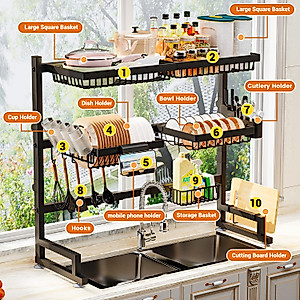ilvvan Over The Sink Dish Drying Rack 27-36L x 12W x 32.5-37H (inches) (Expandable Height and Length) Snap-On Design 2 Tier Large Dish Rack