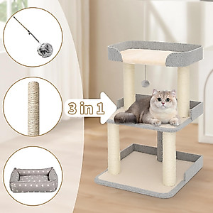 Durable Cat Scratching Post with Bed, Multi-Level 27.56in Cat Tree with Scratching Posts of Natural Sisal, All-Season Cat Tree for Indoor Large Cats, Kittens (Grey)