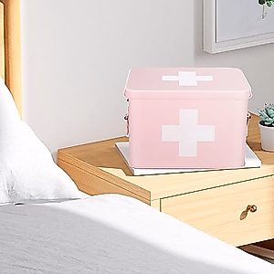 Flexzion First Aid Box Organizer, Empty 8.5 Inch Pink Vintage First Aid Kit Tin Metal Medical Box First Aid Storage Box Container Bins with Dividers, Removable Tray and Cross Logo