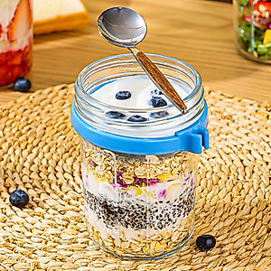 Overnight Oats Containers with Lids and Spoon, 4 Pack Mason Jars for Overnight Oats, 16 Oz Overnight Oats Jars Glass Oatmeal Container to Go for Chia Pudding Yogurt Salad Cereal Meal Prep Jars (Blue