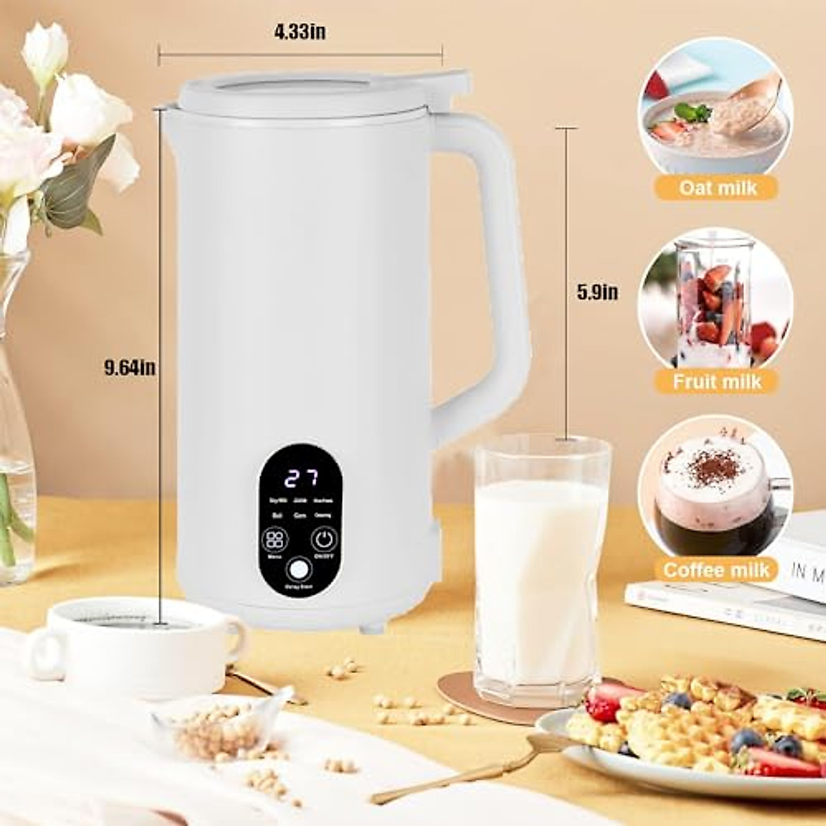 Automatic Soy and Nut Milk Maker,27oz/800ml,Food Processor,Rice Paste,Juice,Baby Food Hot Blender, Smoothie,Corn,Crushing Ice,Delay Start/Keep Warm & BPA Free (White)