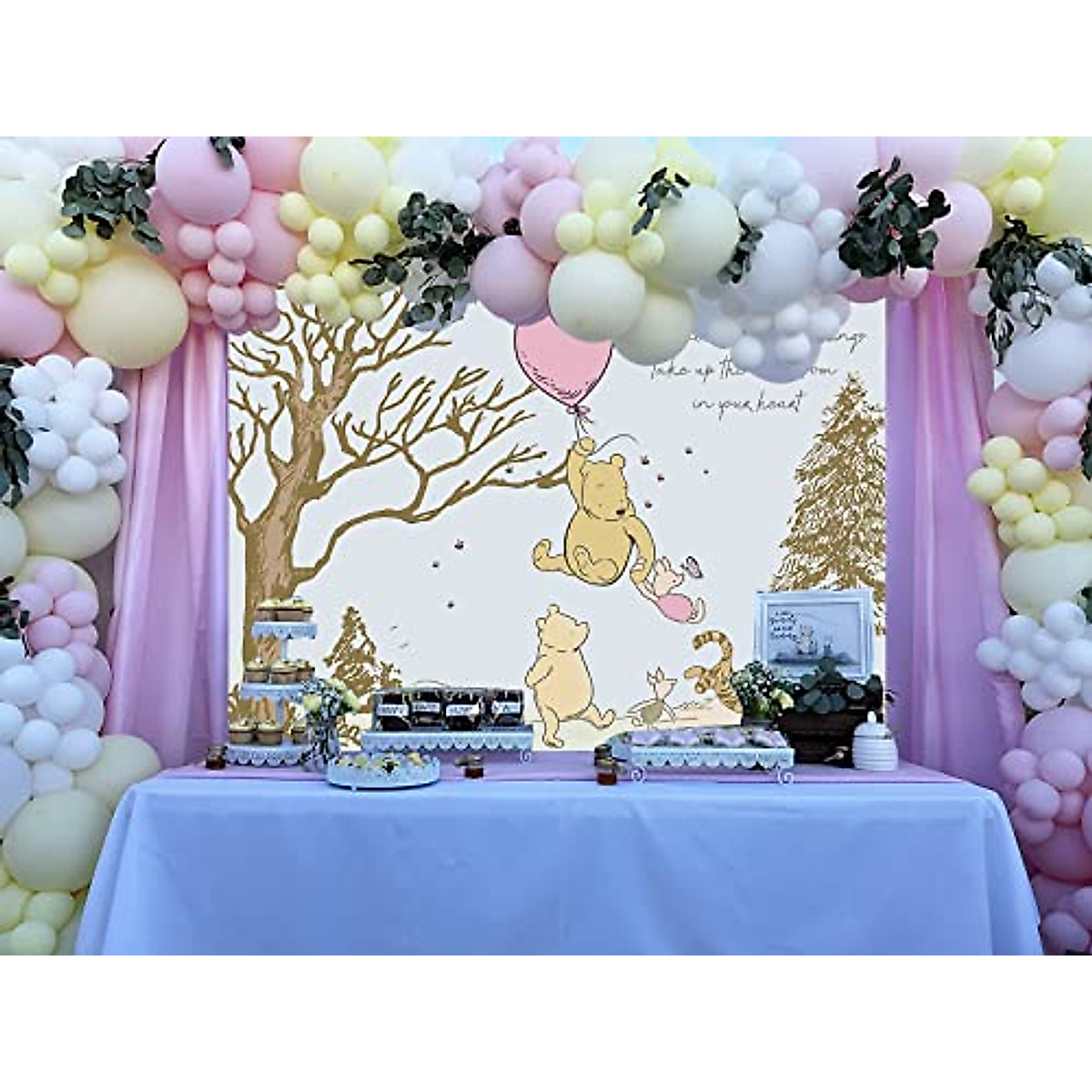 DMJ Classic Cartoon Bear Backdrop for Girls Birthday Party Pink Balloon Pooh Photograph Background Baby Shower Cake Table Decoration Background 7x5ft