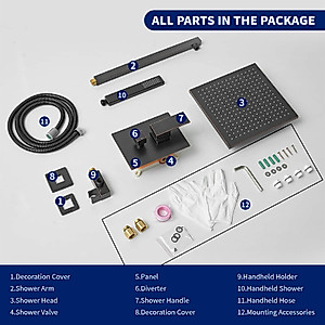 BWE Shower Faucet Oil Rubbed Bronze 12 Inch Square Bathroom Luxury Rain Mixer Shower Combo Set 2-Functions Wall Mounted Rainfall Shower Head System Rough-in Valve Body and Trim Included