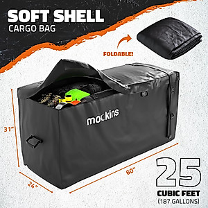 Mockins 25 Cu.Ft. Trailer Hitch Cargo Carrier Bag | 60"x24"x31" Waterproof Cargo Bag for Hitch Carrier | Weatherproof Abrasion Resistant Vinyl Vehicle Soft-Shell Carriers w/Straps, Lock, & Carry Bag