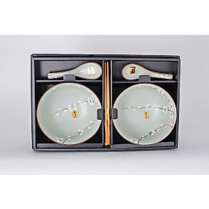 Hinomaru Collection 6 Piece Quality Porcelain Cherry Blossom Sakura Design 20 fl oz Multi Purpose Tayo Rice Noodle Bowl Set of 2 with Matching Spoon and Bamboo Chopsticks (Soshun Sakura)