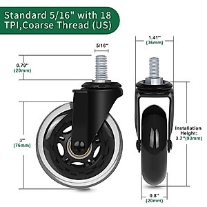 8T8 Office Chair Caster Wheels by 8T8 for Smart Home Offices, 5/16''-18x1"(NOT Metric M8) Threaded Stem Caster, Heavy Duty 3" Replacement Rubber Office Chair Wheels, Safe for Hardwood Tile Floors