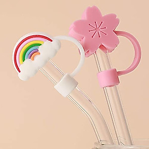 8 Pieces Silicone Straw Tips Cover Reusable Drinking Straw Lids Sunflower Cherry Blossom Rainbow Cat Paw Straw Cap Cover for 6-8 mm Straws Anti-dust Straw Tips Plugs