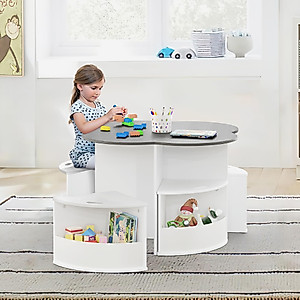 Curipeer Toddler Table and Chair Set with 4 Storage Stools, Flower Shaped Nesting Design Table with Built-in Pen Holder, Kids Table for Activity/Play/Art/Read/Craft, Grey and White