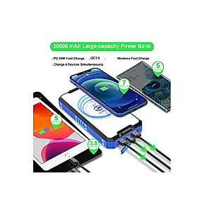 ANYFONG Solar Power Bank, 30000mA PD20W QC3.0 USB C Fasting Charging Solar Charger 10W Wireless Portable Phone Charger Power Bank, Battery Charger with Camping Light