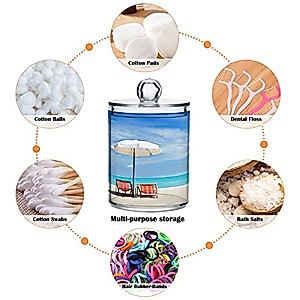 Kigai 2 Pack Qtip Dispenser Apothecary Jars Bathroom 14oz - Beautiful Beach Chairs Sun Umbrella Blue Sky Cloudy Qtip Holder Storage Canister Clear Plastic Acrylic Jar for Cotton Ball,Cotton Swab,Q-tip