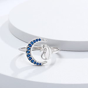 Adjustable Cat Moon Ring for Women: 925 Sterling Silver Cute Cats Rings Lovely Kitty Ring Blue Cubic Zirconia CZ Ring Finger Animal Open Bands Stackable Band Dainty Jewelry Birthday Gift for Teen Girl