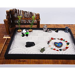 Mini Zen Garden for Desk - Japanese Zen Garden Kit with Panda 10x7- Zen Pond,Sand,Chakra Stone, Accessories - Office Desk Decor Meditation Gifts with Rake Tools Panda Gifts - Zen Garden for Kids