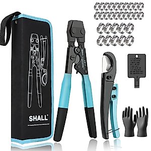 SHALL Pex Crimping Clamp Cinch Tool and Pipe Hose Cutter, Pipe Fitting Crimper Tool Kit Meets ASTM F2098 for 3/8" to 1" Stainless Steel Clamps Including 20pcs 1/2", 10pcs 3/4" Clamps With Storage Bag