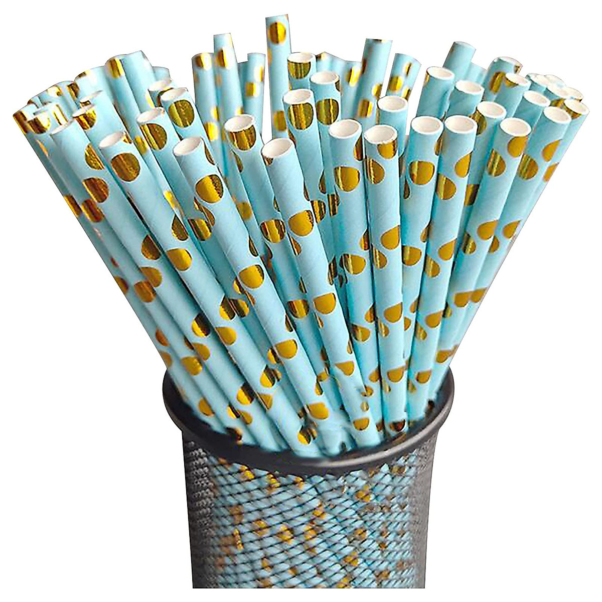 Juesi [100 Pack] Paper Straws Gold Coated, Biodegradable Paper Drinking Straw for Both Hot and Cold Beverages, 7.67 inch for Party Bar Shop Restaurant (Blue)