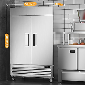 Coolski 54’’ Commercial Freezer with 2 Door, Stainless Steel Reach-in Freezer Upright with 49 Cu.Ft/8 Shelves, Two Section Fan Cooling Freezers for Restaurant Garage ETL NSF Approved