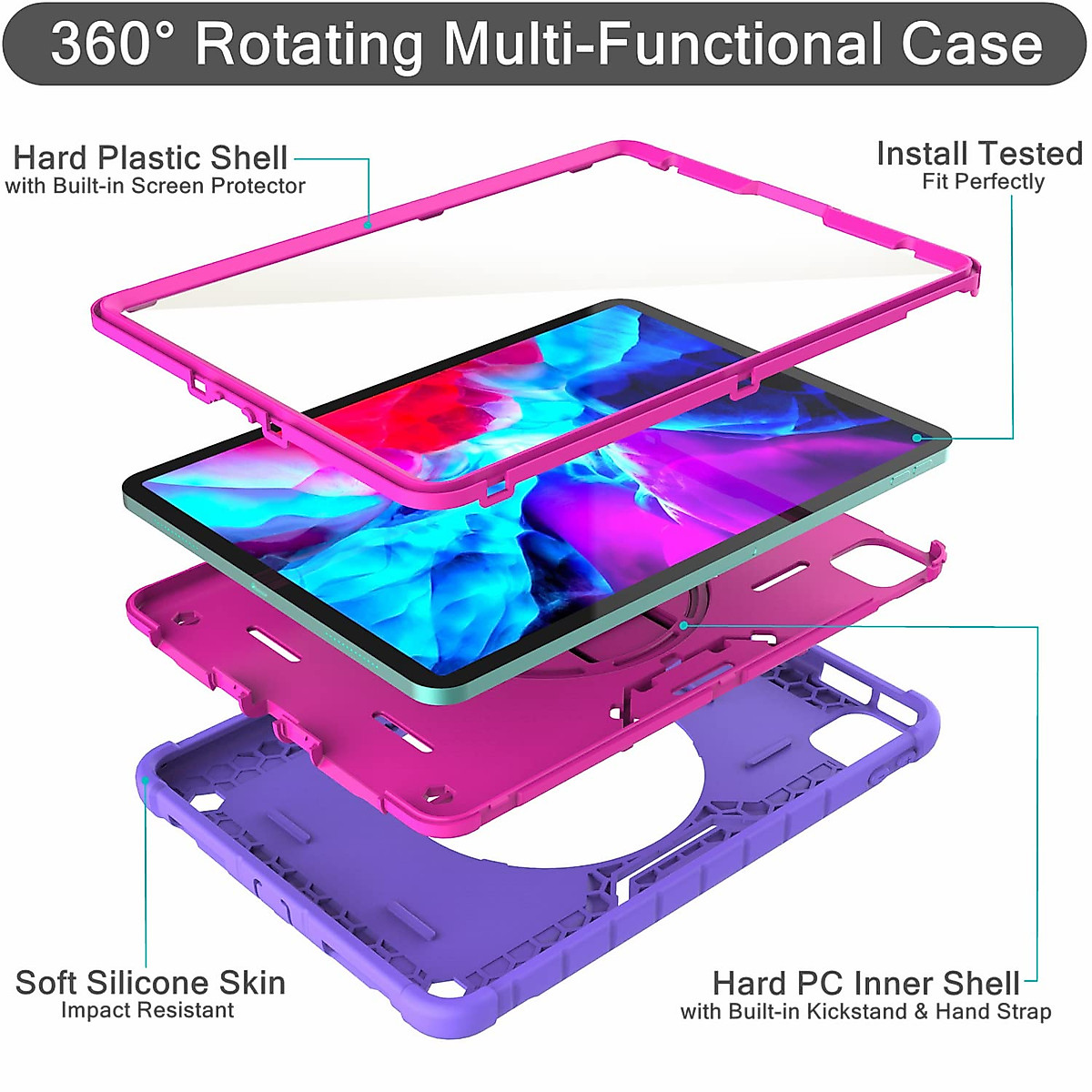 Kids Case for 10.9-inch iPad Air 5th/4th Generation (2022/2020)/iPad Pro 11-inch (2020/2018) with Built-in Screen Protector, 360° Rotating Stand, Hand Strap & Three Layer Cover (Purple + Hot Pink)