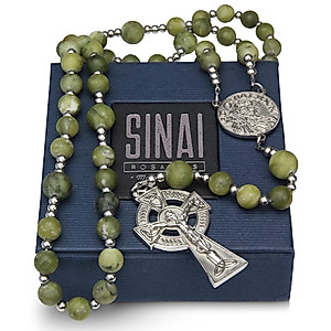 St Patrick Green Jade Rosary, Irish Rosary with Stainless Steel Celtic Cross and Medal