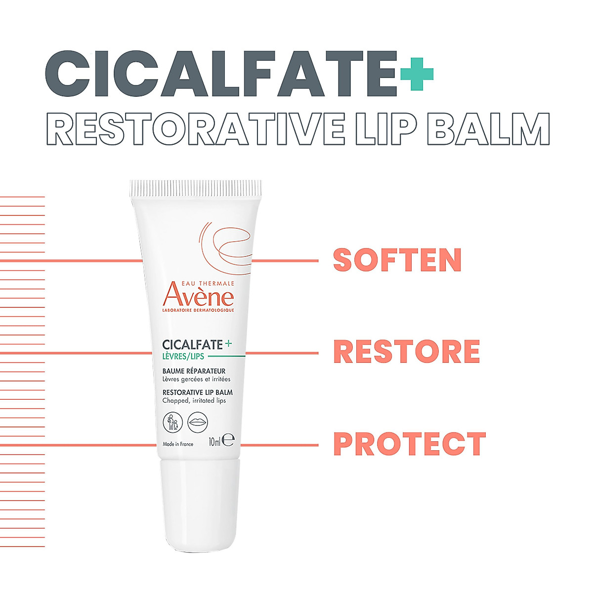 Avene Cicalfate Restorative Lip Cream, Long Lasting Moisture to Soothe Dry, Cracked Lips, promotes healthy lip barrier, water resistant, safe for infants, children and adults 0.3 Oz