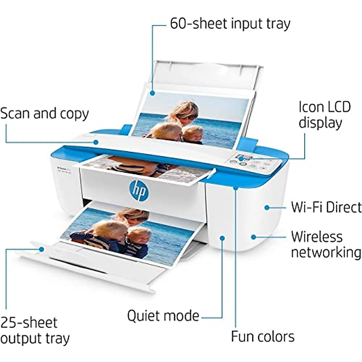 HP DeskJet Wireless Color Inkjet Printer All-in-One with LCD Display - Print Scan Copy and Mobile Printing Ultra Compact NeeGo 6 ft Printer Cable, Blue