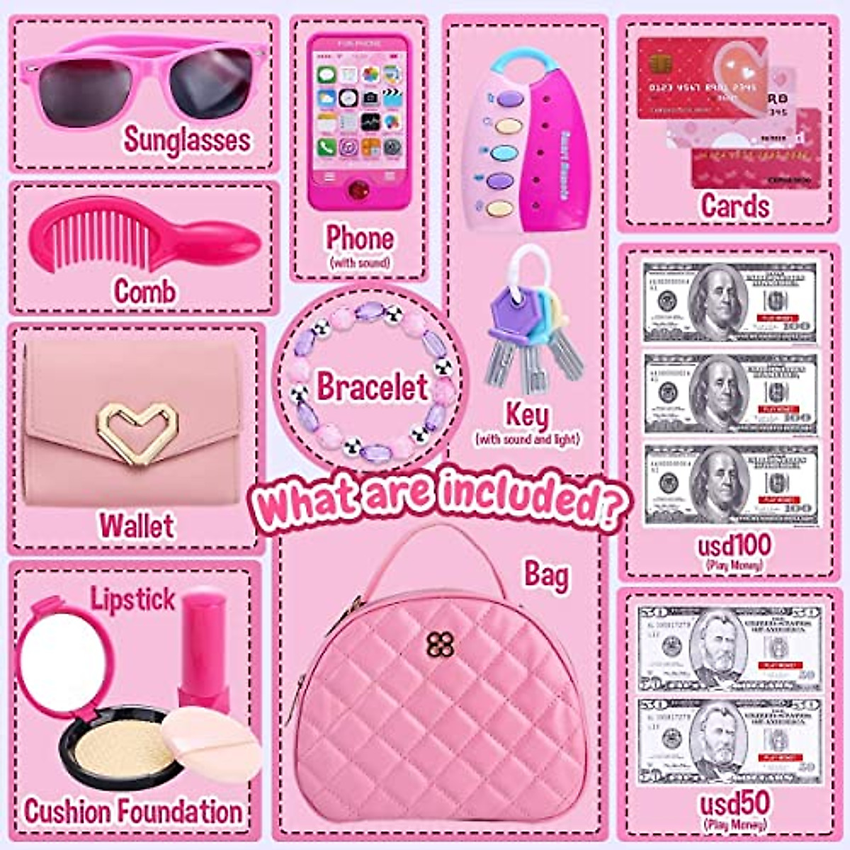 Peertoys Kids Makeup Kit Girls Purse - Cute Pretend Cosmetics Mini Bag Toy Cell Phone Wallet Money Credit Card Accessories Kit Gifts Baby Girl Princess Toddler Ages 3,4,5,6,7,8,9,10,11,12 Years Old