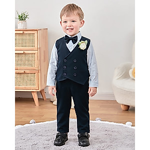 YALLET Toddler Baby Boy Clothes Suit Gentleman Wedding Outfits, Formal Dress Shirt+Bowtie+Vest+Boutonniere+Suspender Pants(V Navy Blue, 2-3T)