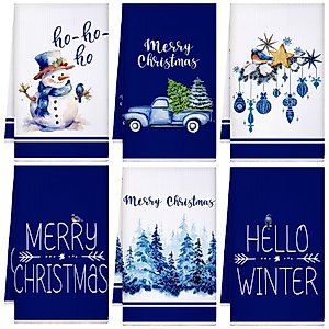Geyoga 6 Pcs Christmas Kitchen Towels Decor 16 x 24 Inch Absorbent Christmas Tree Dish Towels Xmas Truck Snowman Santa Plaid Hand Tea Towels for Holiday Housewarming Gift(Blue, White,Snowman)