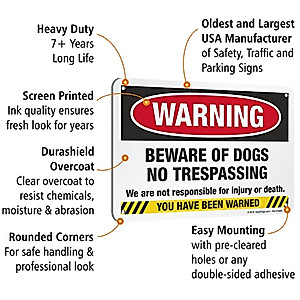 SmartSign 7 x 10 inch “Warning - Beware Of Dogs, No Trespassing, Not Responsible For Injury Or Death” Metal Sign, 40 mil Laminated Rustproof Aluminum, Multicolor