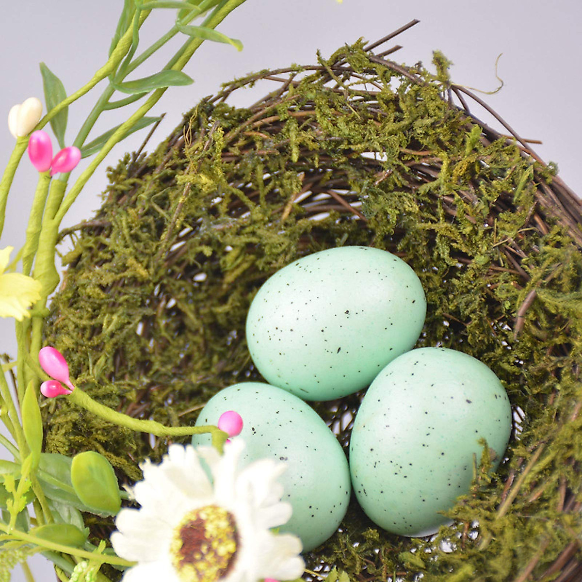 Develoo Easter Bird Nest Tabletop Ornament,Rattan Weaving Simulation Birds Nest with Speckled Eggs and Flowers for Spring Garden Decor Photo Props