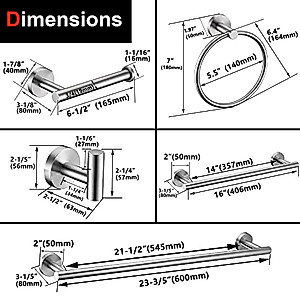 6 Pieces Brushed Nickel Bathroom Hardware Accessories Set Hand Towel Ring 18&23.6 inch Round Towel Bar Silver Toilet Paper Holder Towel Hooks 2 Pieces SUS 304 Stainless Steel,Heavy Duty,Wall Mounted