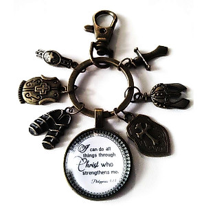 Unisex Christian Keychain, purse charm, zipper pull with I can do all things through Christ and Armor of God Tibetan Bronze Charms