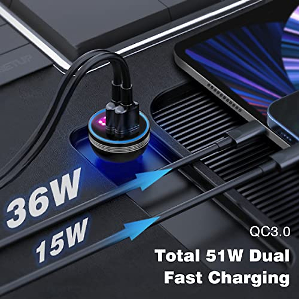 PSXROUKI Car Charger Adapter,5A/51W Dual USB Car Charger Fast Charging QC3.0 Metal Cigarette Lighter USB Charger Voltage Display Compatible with iPhone 11 Pro/8/7/6,iPad Pro, Galaxy Note 8/S8/S7/S6