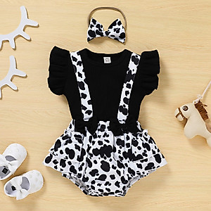 ZOELNIC Baby Girls Summer Clothes Knit Short Sleeve Top Bowknot Suspender Cows Print Ruffle Bloomer Headband Outfit Sets (Black, 6-12 Months)