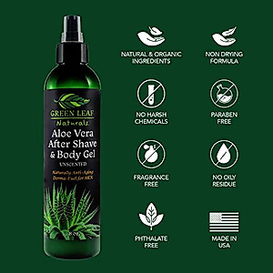 Aloe Vera After Shave & Body Gel | 99.75% Organic | Natural Anti-Aging Formula to Hydrate, Soothe & Repair Dry Skin, Irritation, Redness & Prevents Razor Burn - 8oz, By Green Leaf Naturals
