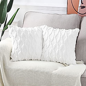 MADIZZ Set of 2 Soft Plush Short Wool Velvet Decorative Throw Pillow Covers 24x24 inch White Square Luxury Style Cushion Case European Pillow Shell for Sofa Bedroom