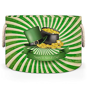 Saint Patrick's Day Green Hat（01） Large Round Baskets for Storage Laundry Baskets with Handles Blanket Storage Basket for Bathroom Shelves Bins for Organizing Nursery Hamper Girl Boy