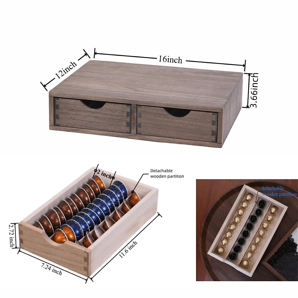 DDYURI Coffee Pods Storage Drawer Holder for Capsules - Multi Functional Desk Organizer Drawers For K-Cup Coffee Maker Brew - Kitchen Mini Wooden Box Chest Sideboard Counter Organization CF1D2C Dark