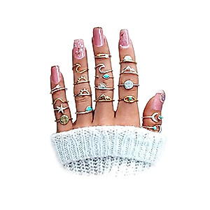 HUASAI 17PCS Stackable Rings for Teen Girls Boho Knuckle Rings for Women Stacking Midi Rings Set Vintage Aesthetic Rings Trendy Christmas Birthday Gifts for Girls(Ring D)