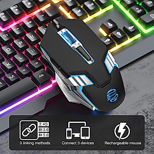 Wireless Gaming Mouse Bluetooth Mouse, RGB Rechargeable Multi Device Mouse, Quiet Click, 7-Color Backlit, LED Light up Computer Mice for Laptop PC iPad Tablet MacBook Chromebook Office Games - Black