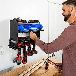 3-Tier Power Tool Organizer Wall Mount Design - Drill Holder Power Tool Storage Rack Holds Cordless Drills, Tools, Batteries, Chargers & More | Heavy Duty Drill Rack Made from Powder Coated Steel