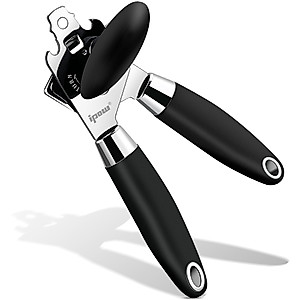 Can Opener with Dual-ended Bottle Opener, IPOW Manual Can Opener with Magnent | Smooth Edge | Heavy Duty | Easy Turn Knob | Smooth & Easy Cutting Safty Can Opener
