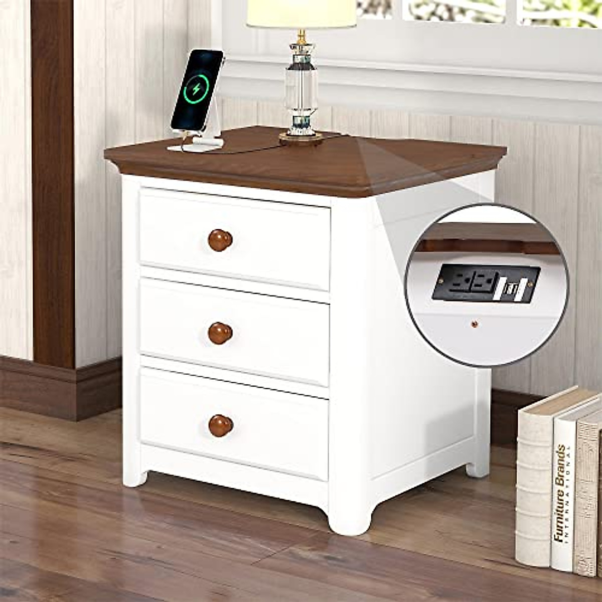 Flieks Wooden Nightstand with USB Charging Ports and Three Drawers,End Table for Bedroom,White+Walnut