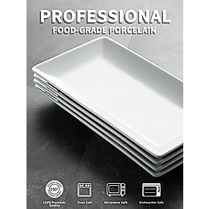 LAUCHUH Serving Platter, 10” Rectangular Plates Serving Tray Porcelain Platters for Parties, Sushi, Dessert Microwave and Dishwasher Safe Set of 4, White