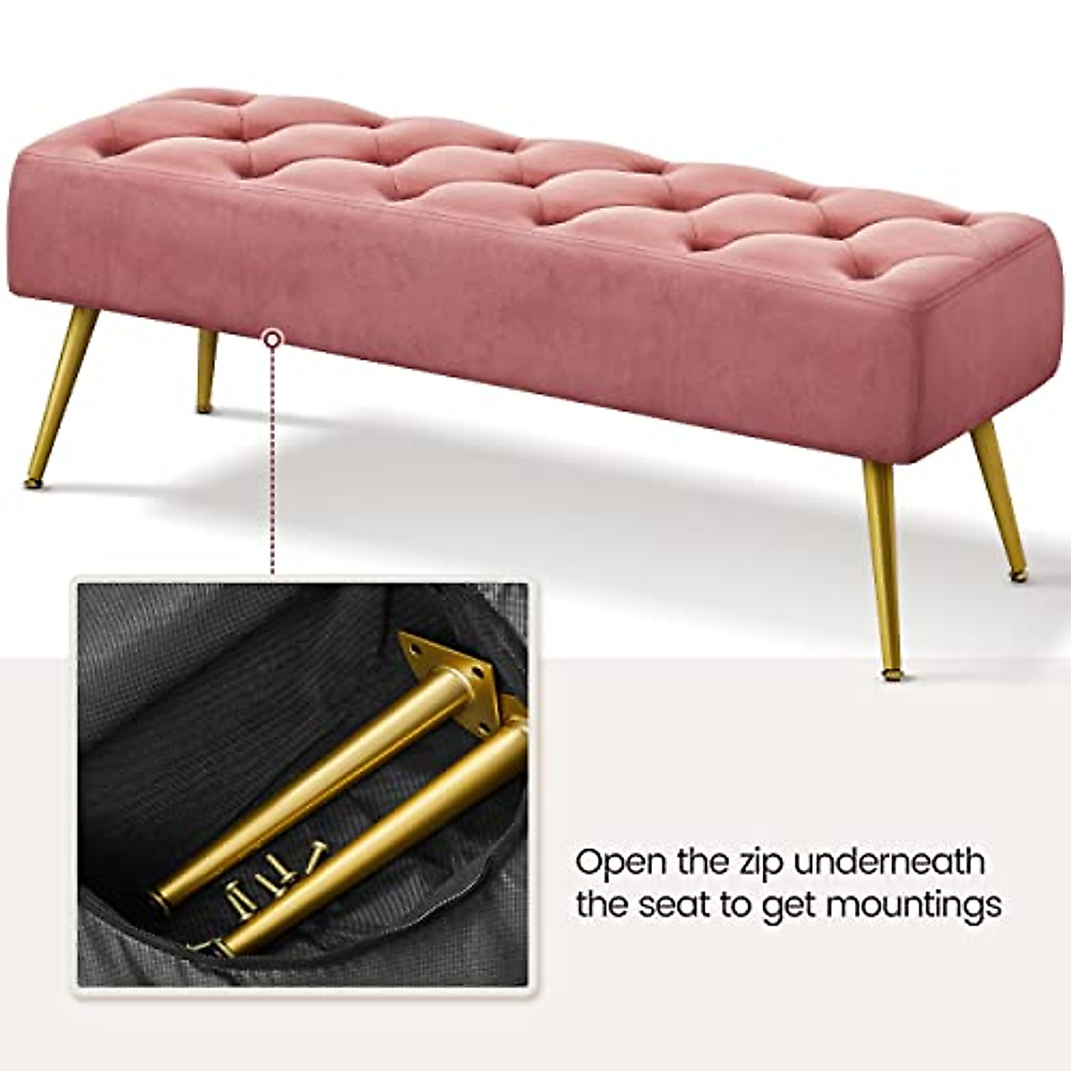 Yaheetech Modern Ottoman Bench Velvet Bench Upholstered Footrest for Living Room with Gold Metal Legs and Padded Seat Pink