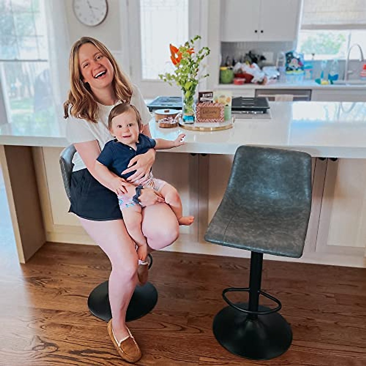 ALPHA HOME 2 Pack Bar Chairs, 360 Degree Swivel Bar Stools Set of 2 with PU Leather, Counter Stools for Kitchen Counter with 300 LBS Capacity, Adjustable Counter Height Bar Stools with Back, Grey