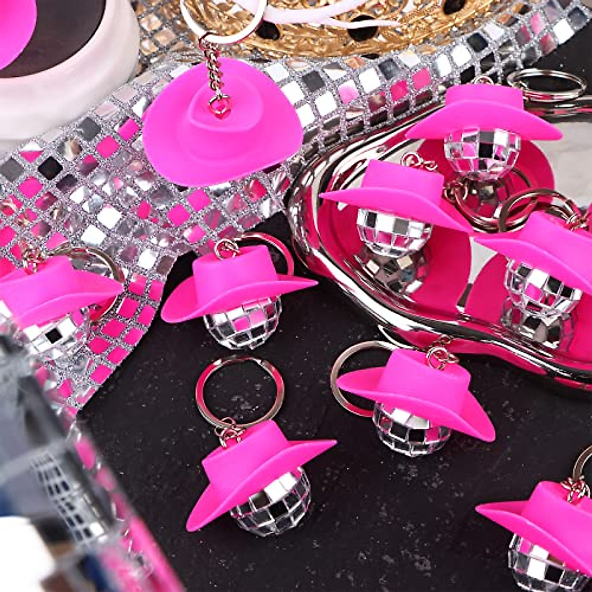 Alabelleza 18pcs Cowboy Hat Disco Ball Keychain Pink Hat Disco Ball Decorations Mini Disco Ball Ornaments Disco Ball Party Decorations Cowgirl Accessories