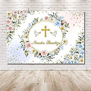 MEHOFOND 7x5ft Nuestro Bautizo Backdrop for Boys and Girls Pastel Pink Blue Floral Baptism First Holy Communion Photography Background Gold Cross Peace Doves Christening Photo Banner