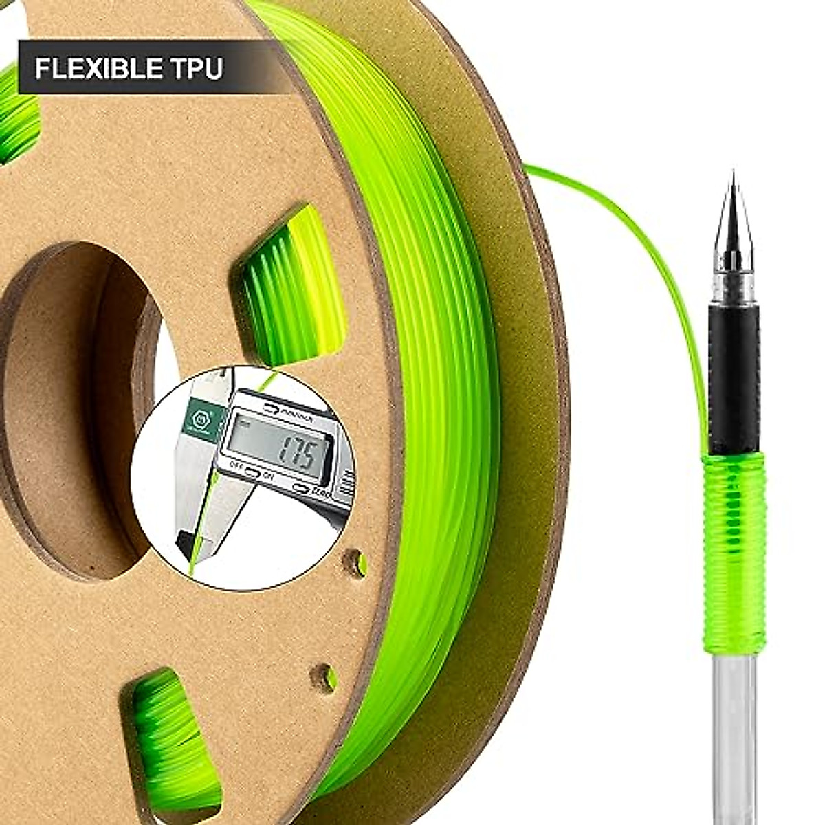 TPU Filament 1.75mm Bundle, TINMORRY 3D Printer Filament Combipack, 200g x 5 Spools, Black+White+Transparent red+Transparent Blue+Transparent Green