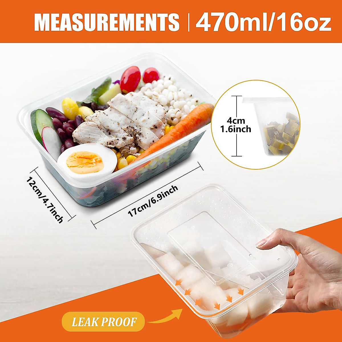 Teivio 100Pack 16oz Disposable Meal Prep Containers, Plastic Food Storage Containers with Lids, Leak proof, Microwave and Freezer Safe,for preparing lunch, snacks, salad or sandwiches (Clear)
