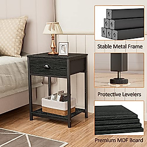 Nightstands Set of 2, Industrial End Table with Fabric Drawer&Storage Shelf, Small Bedside Table Organizer for Small Space, Side Table for Living Room, Tall 23.6" Night Stand for Bedroom, Black Oak